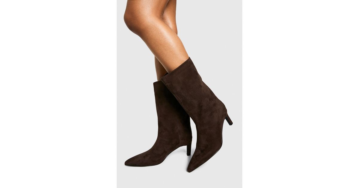 Boohoo Faux Suede Calf High Mid Heel Stiletto Boots in Black | Lyst UK
