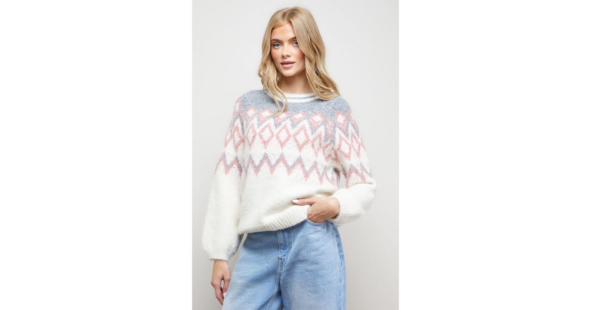 Oasis Fairisle Cosy Crew Neck Jumper in White | Lyst UK