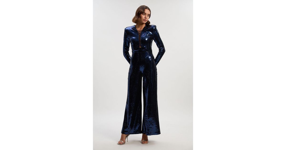Karen Millen Sequin Power Mesh Lace Up Detail Long Sleeve Jumpsuit in ...
