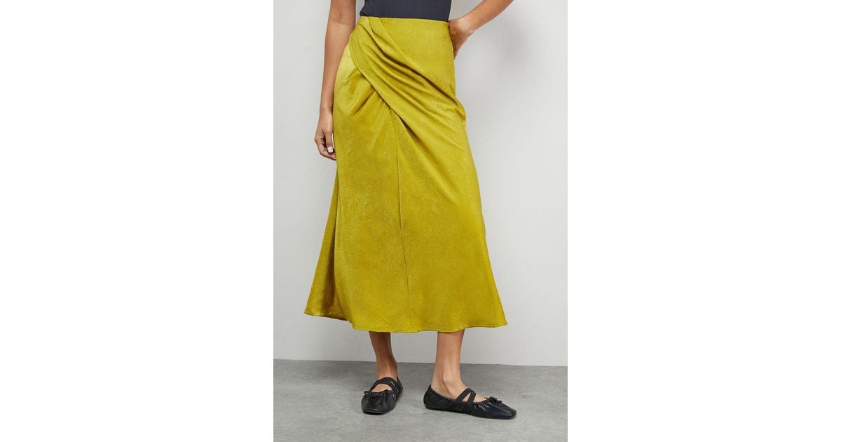 Warehouse Crushed Satin Drape Front Bias Midi Skirt in Yellow | Lyst UK