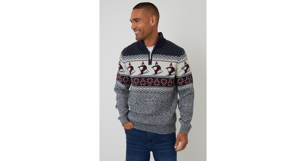 Threadbare Ski Fairisle Cable Knit Quarter Zip Jumper in Grey for Men ...