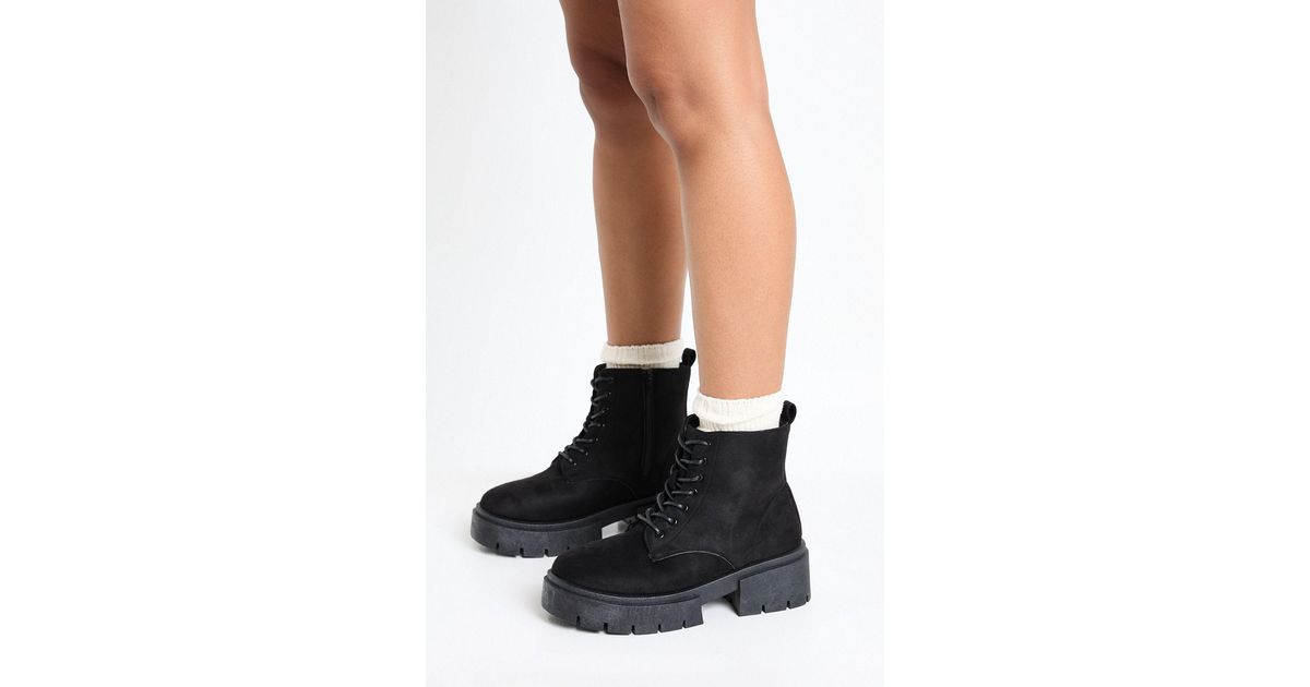 Boohoo Faux Suede Platform Biker Ankle Boots in Black | Lyst UK