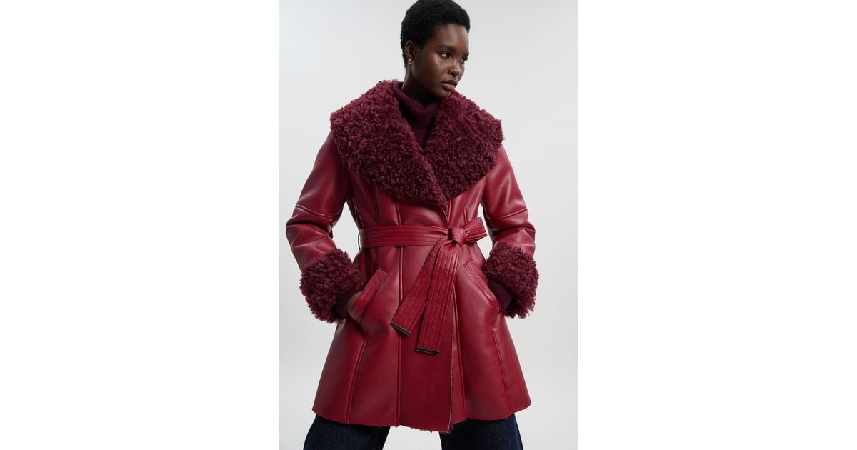 Karen Millen Faux Long Fur Belted Cuff And Collar Coat in Red | Lyst UK