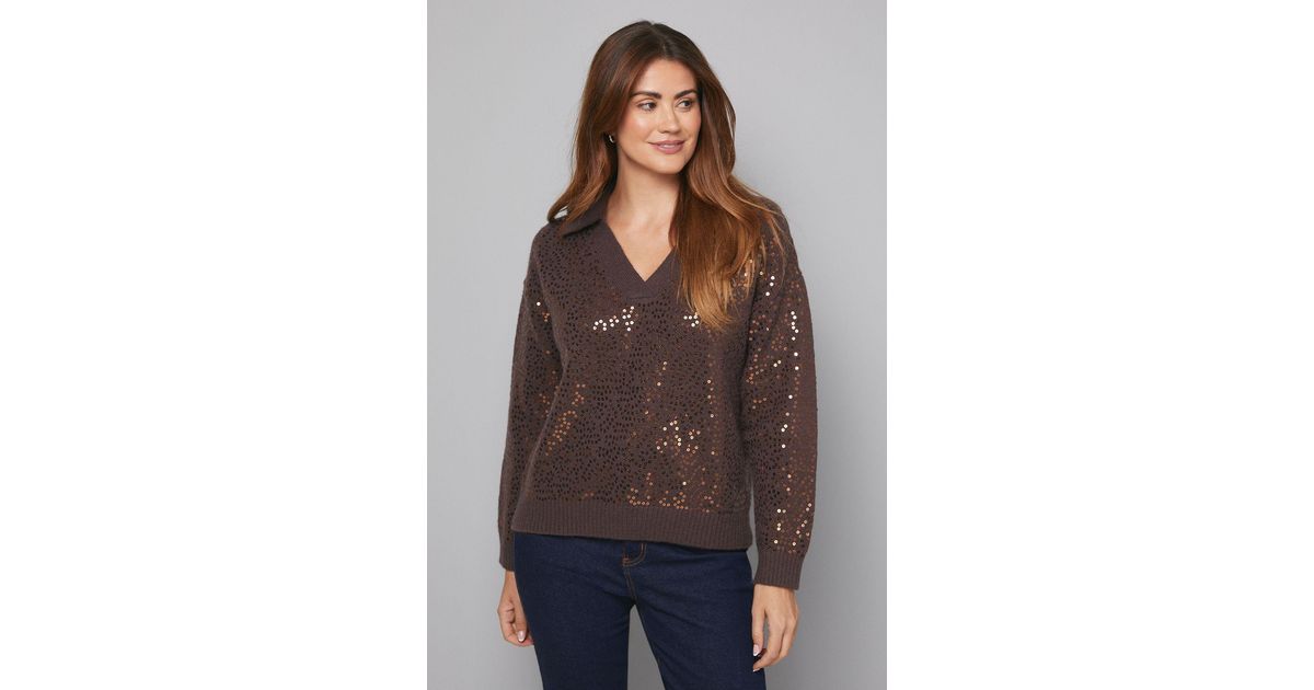 Wallis Collared Sequin Knitted Jumper in Brown | Lyst UK