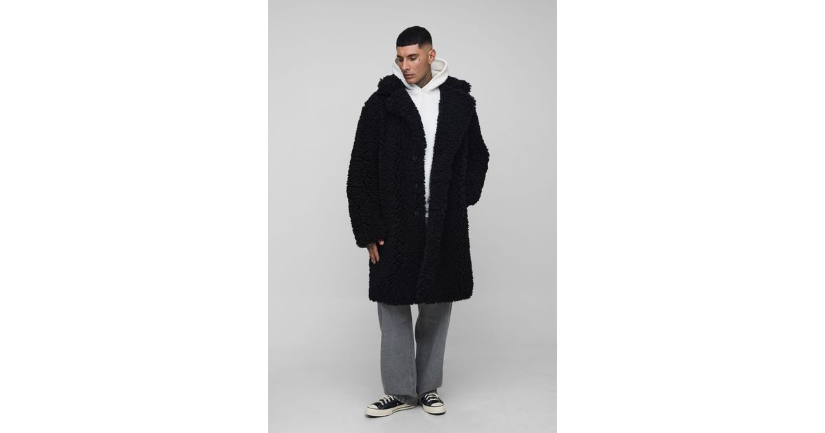 BoohooMAN Tall Oversized Longline Borg Overcoat in Blue for Men | Lyst UK