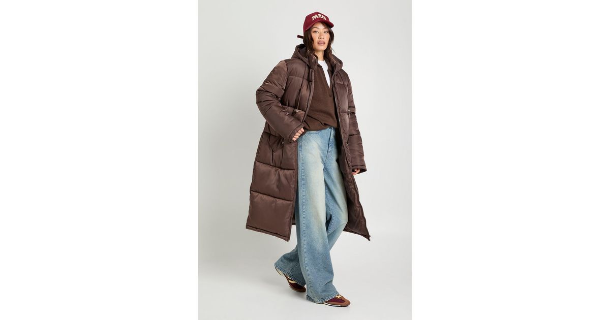 Boohoo Tall Longline Puffer Jacket in Brown | Lyst UK