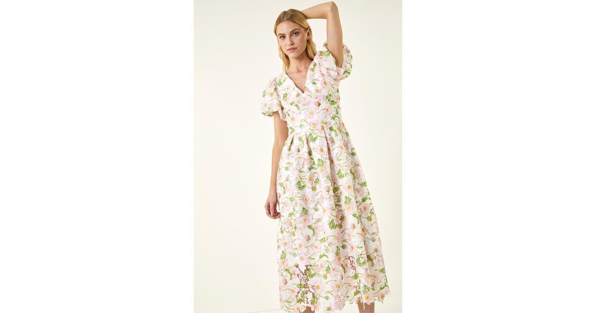 Roman Crochet Lace V Dress in Natural | Lyst UK