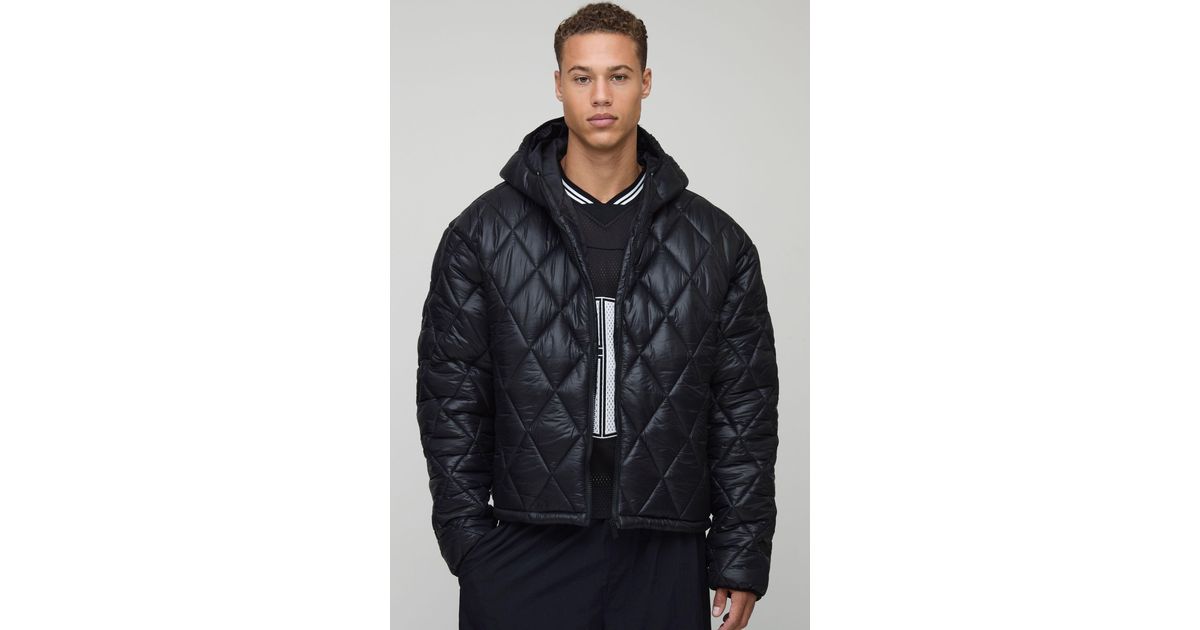 BoohooMAN Tall Oversized Boxy High Shine Quilted Hooded Funnel Puffer ...
