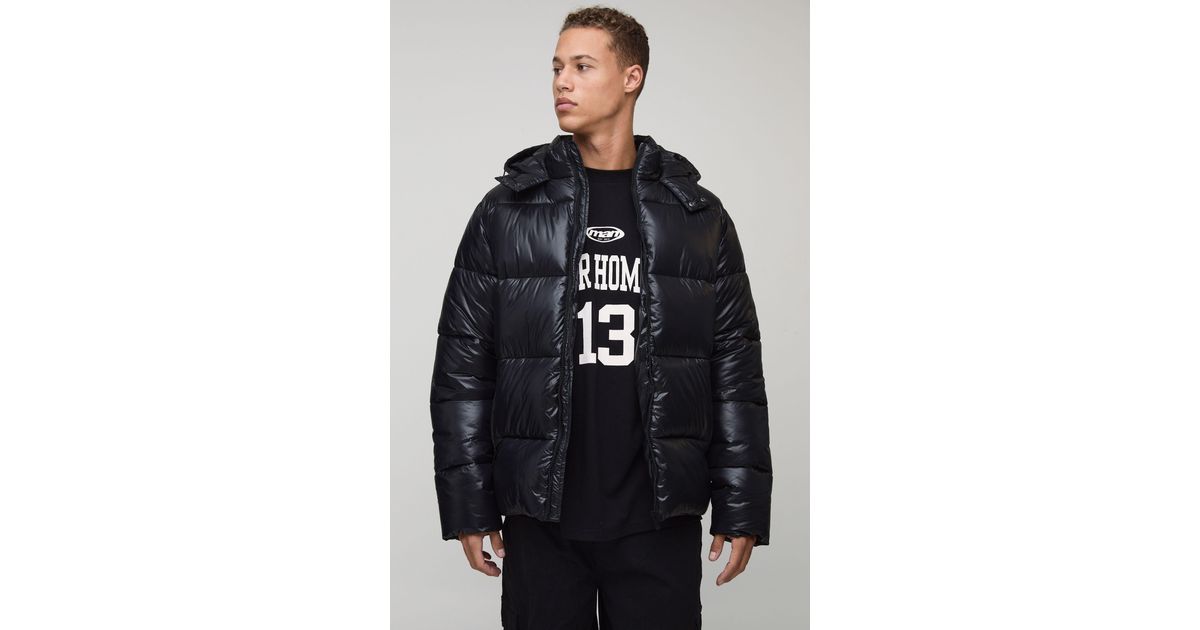 BoohooMAN Tall Regular Fit High Shine Puffer Jacket in Blue for Men ...