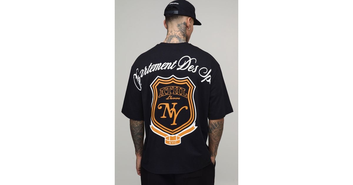 BoohooMAN Tall Oversized Script Crest Large Scale Print T-Shirt in Grey ...
