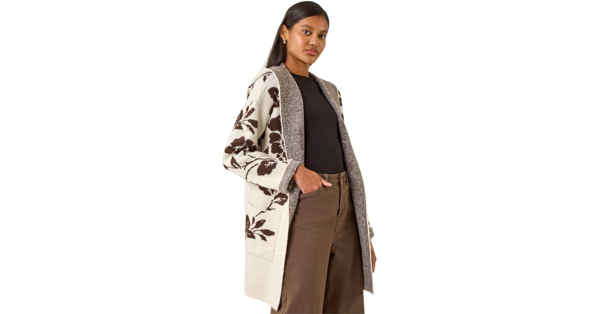 Roman Floral Hooded Knit Cardigan in Brown | Lyst UK