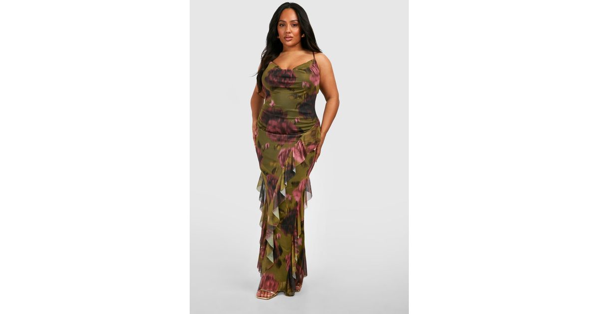 Boohoo Plus Floral Print Mesh Ruffle Detail Maxi Dress in Green | Lyst UK