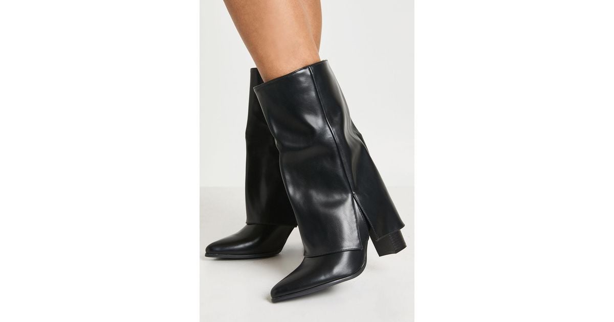 Boohoo Fold Over Calf High Heeled Boots in Black | Lyst UK