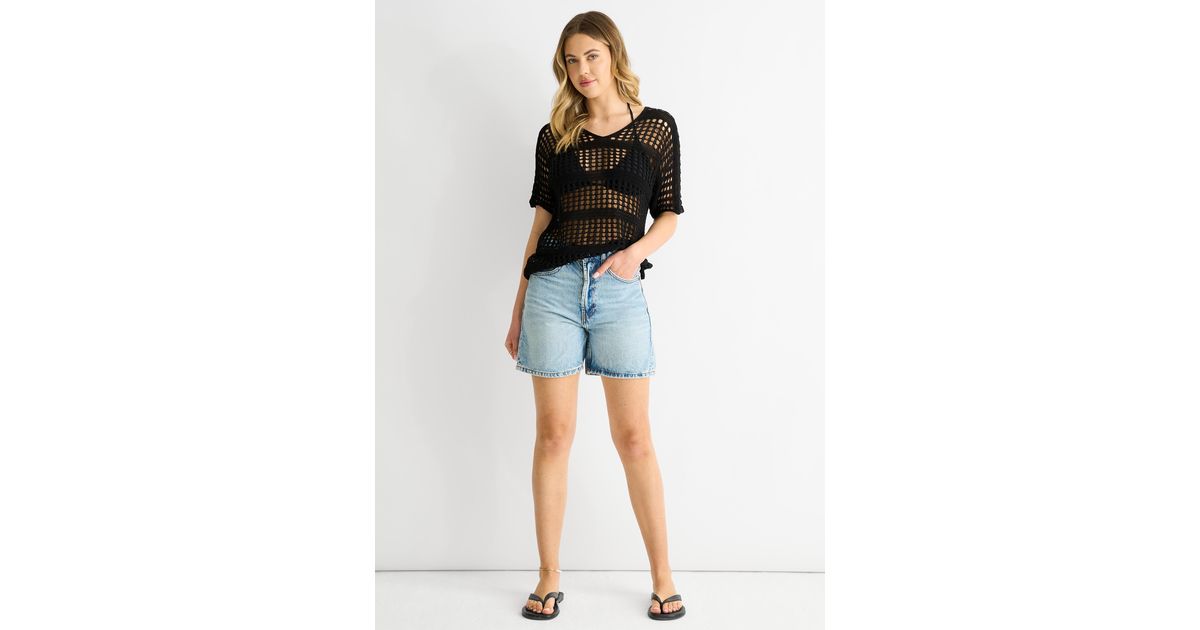 Gini London Fish Net Crochet Loose Fit Top in Blue | Lyst UK