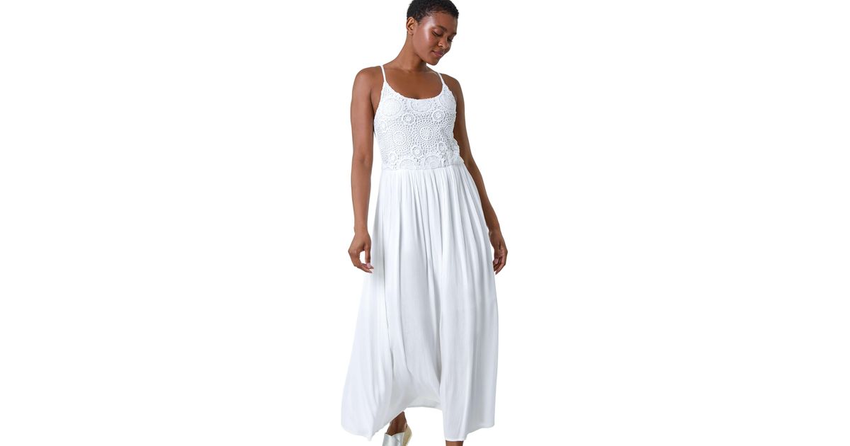 Roman Lace Bodice Shirred Midi Dress in White | Lyst UK