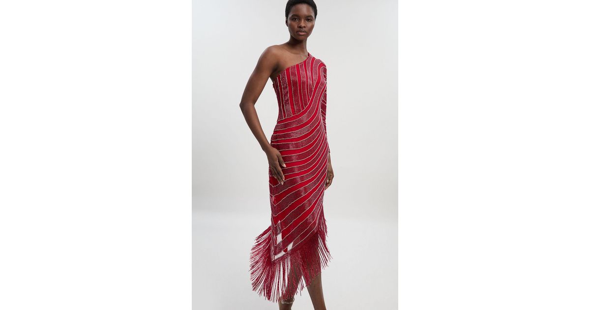 Karen Millen Thigh High Split Embellished Woven Fringed Midi Dress in ...