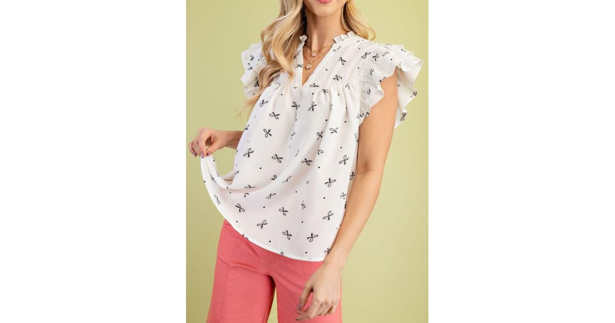 Everyday the Label Bow Print Flutter Sleeve Blouse in Grey | Lyst UK