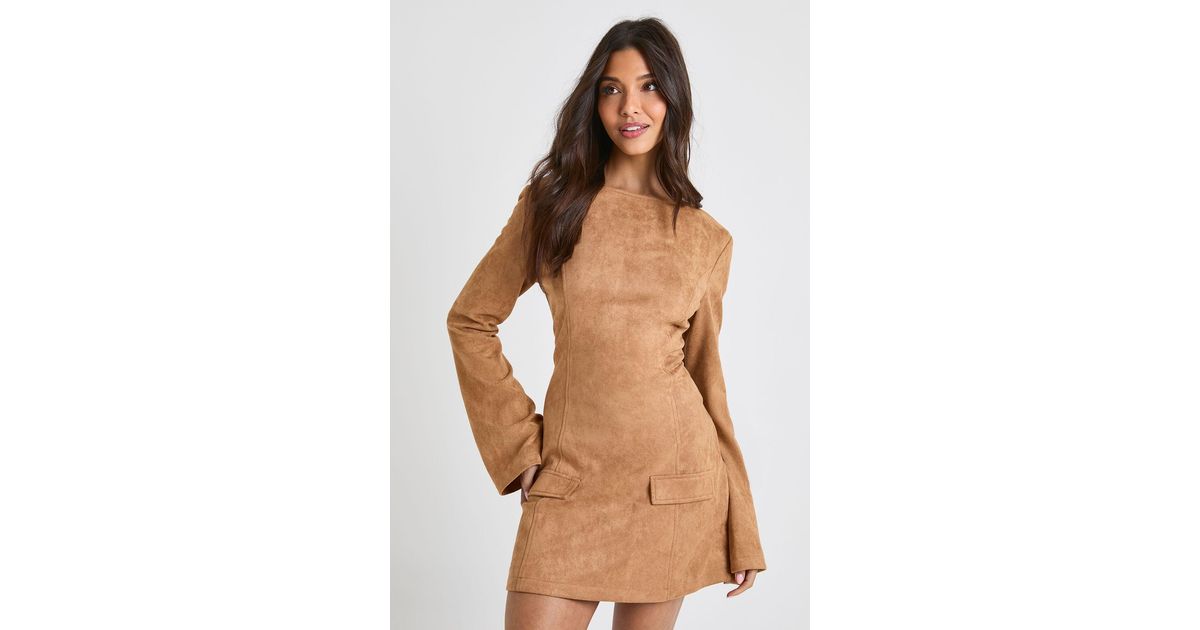 Boohoo Faux Suede Flare Cuff Shift Dress in Brown | Lyst UK