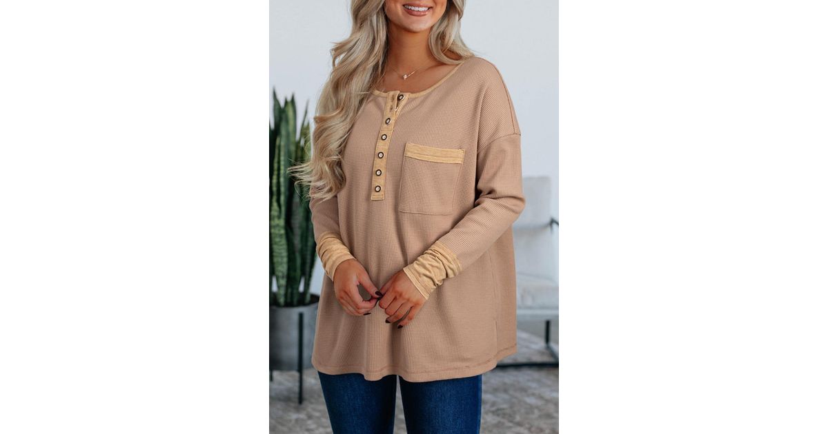 Azura Exchange Waffle Knit Button Pocket Top in Natural | Lyst UK