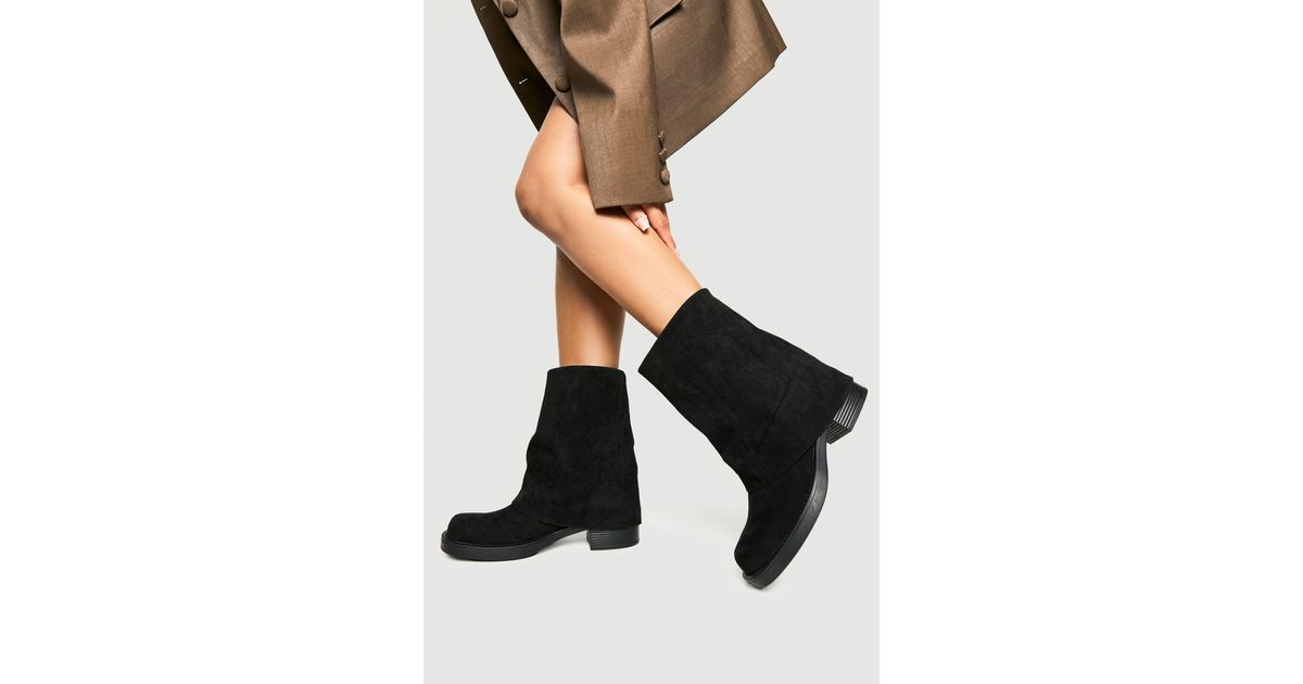 Boohoo Faux Suede Fold Down Square Toe Boots in Black | Lyst UK