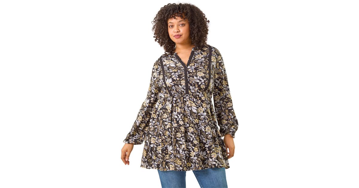 Roman Curve Floral Woven Tunic Top in White | Lyst UK