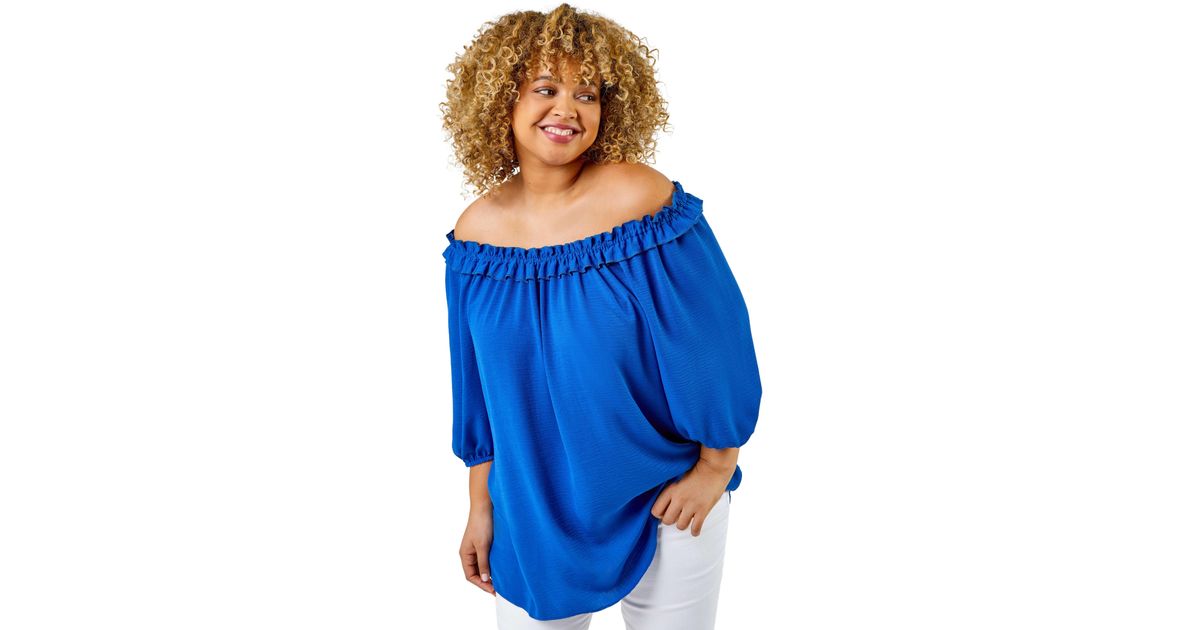 Roman Curve Frill Detail Bardot Top in Blue | Lyst UK