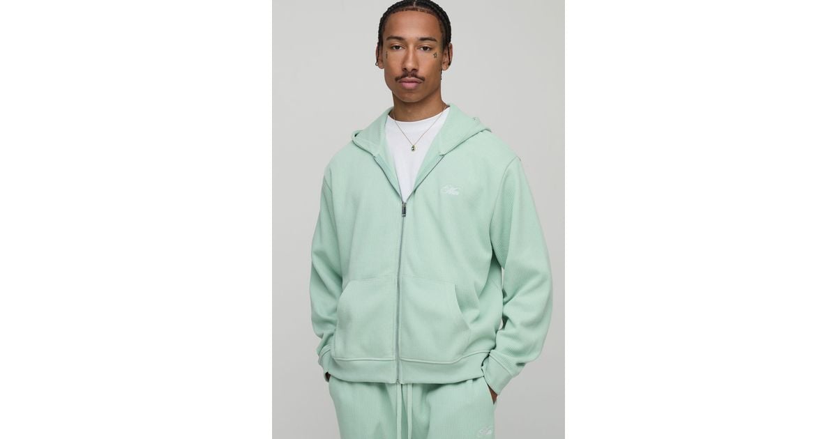 BoohooMAN Oversized Boxy Country Club Heavyweight Rib Zip Through ...