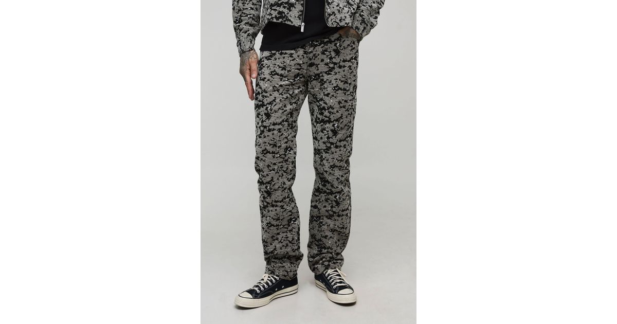 BoohooMAN Tall Velvet Tapestry Stacked Straight Fit Trousers in Black ...