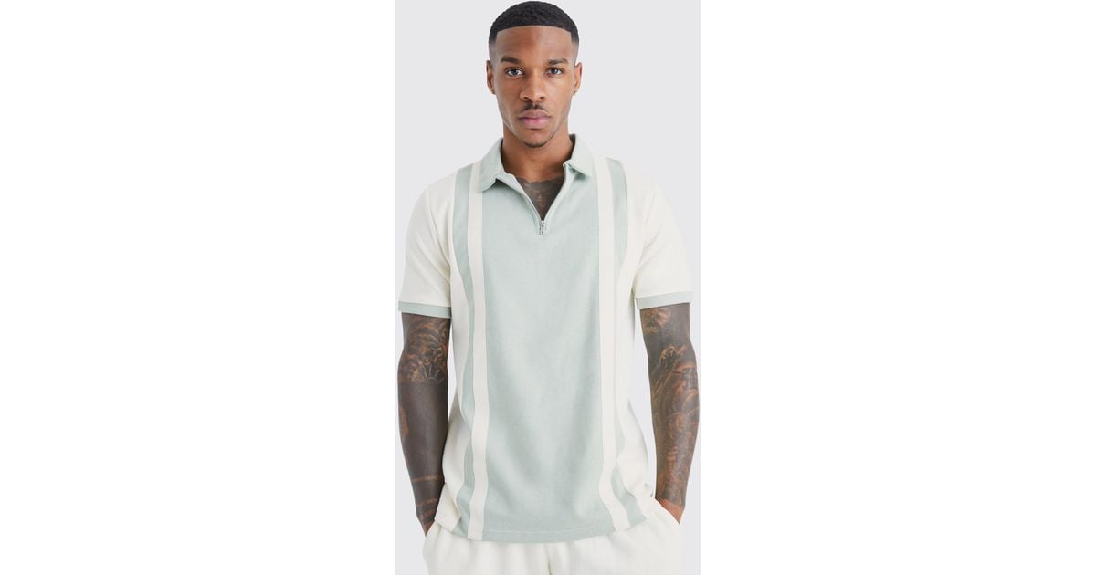 BoohooMAN Slim Panelled Zip Neck Interlock Polo in White for Men | Lyst UK