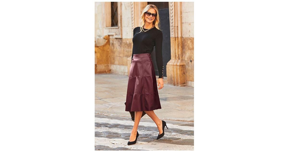 Sosandar Burgundy Leather Look Panelled A-Line Midi Skirt in Red | Lyst UK