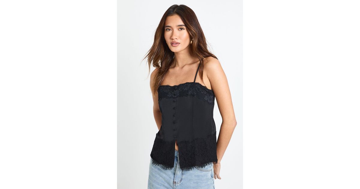 Boohoo Satin Lace Mix Button Up Cami in Blue | Lyst UK