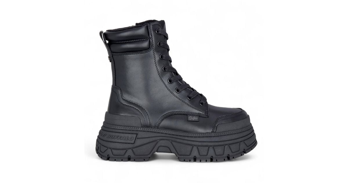 Buffalo Chunky Platform Lace Up Mid High Combat Boots in Black | Lyst UK