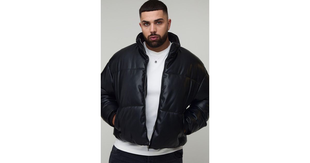 BoohooMAN Plus Boxy Curved Hem Pu Puffer Jacket in Black for Men | Lyst UK