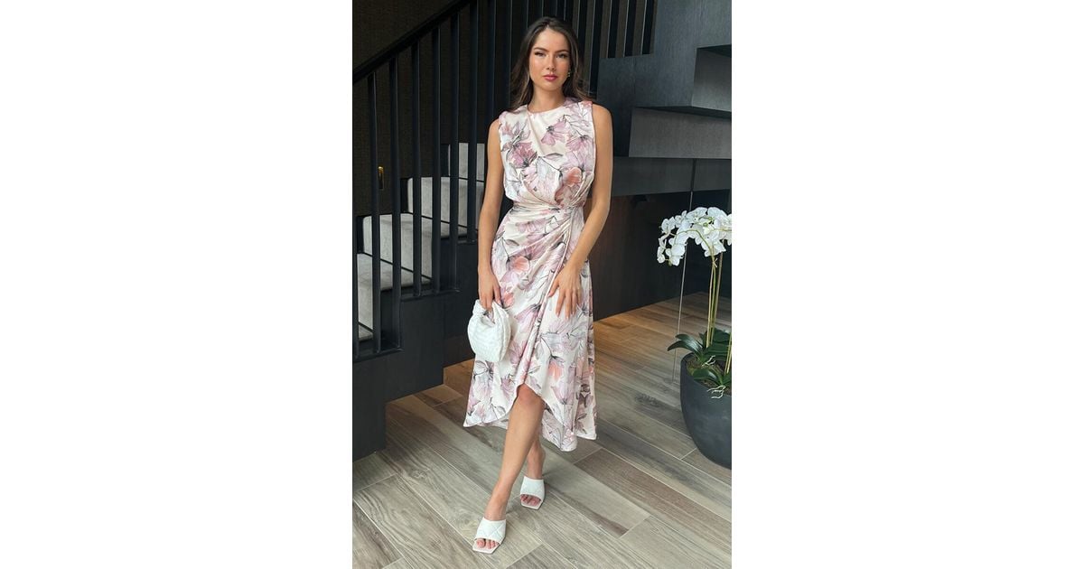 AX Paris Floral Print Gathered Midi Dress With Shoulder Pads in Black ...