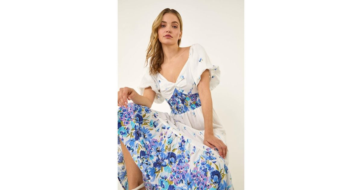 D.u.s.k Floral Print Puff Sleeve Midi Dress in Blue | Lyst UK