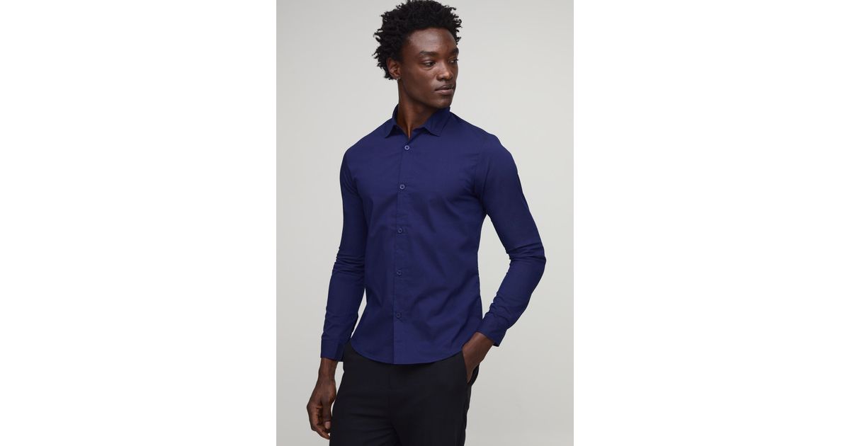 BoohooMAN Long Sleeve Stretch Fit Shirt in Blue for Men | Lyst UK