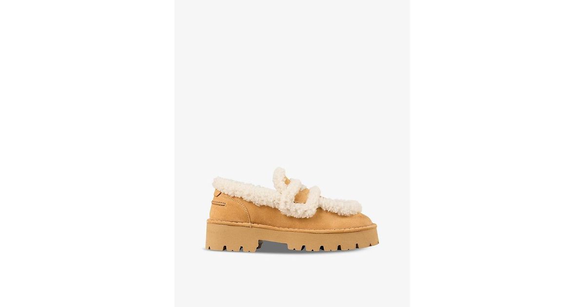 Sandro Shearling-Trim Slip-On Suede Loafers in Natural | Lyst