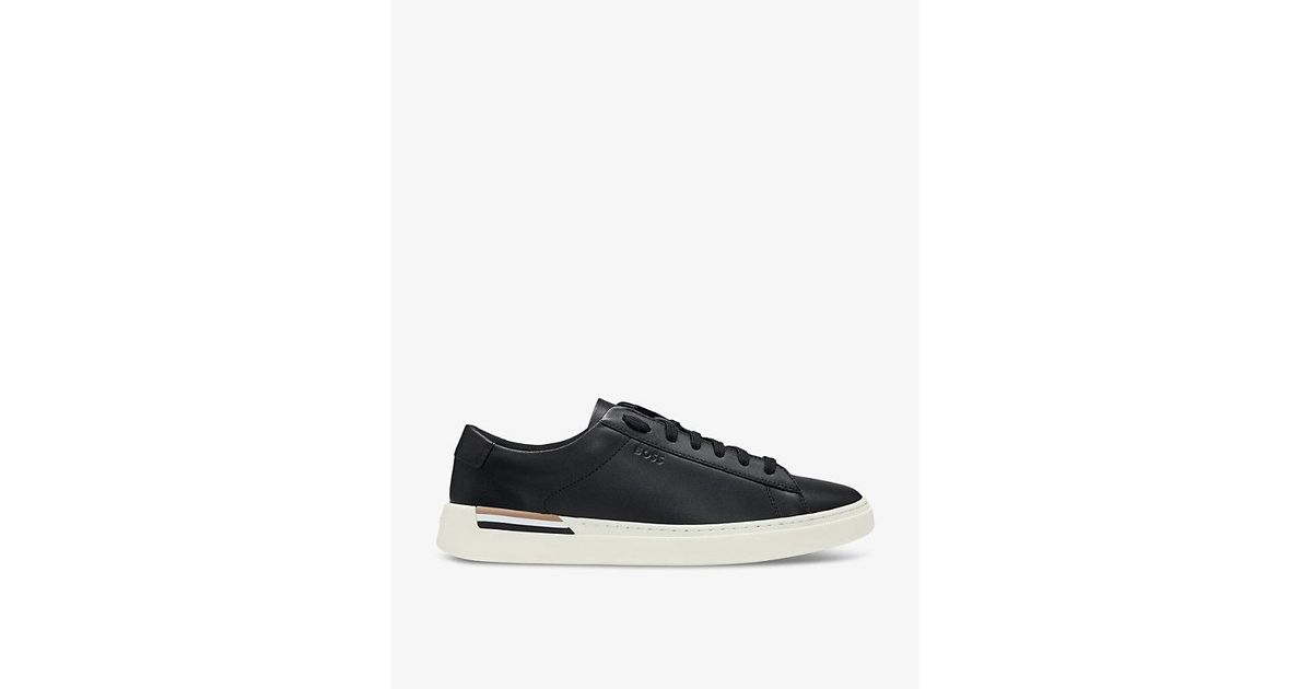 BOSS Signature-Stripe Logo Cupsole Leather Trainers in Blue for Men | Lyst