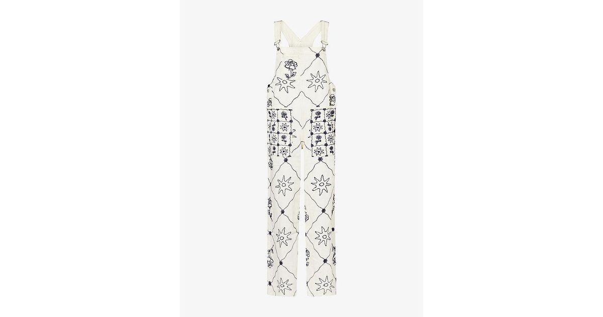 Free People Rising Sun Embroidered Denim Overall in White | Lyst