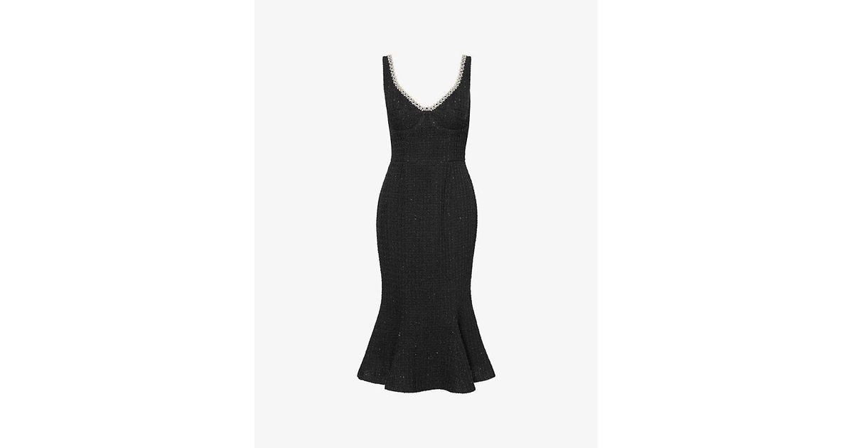 Nadine Merabi Penelope Flared-Hem Tweed Midi Dress in Black | Lyst