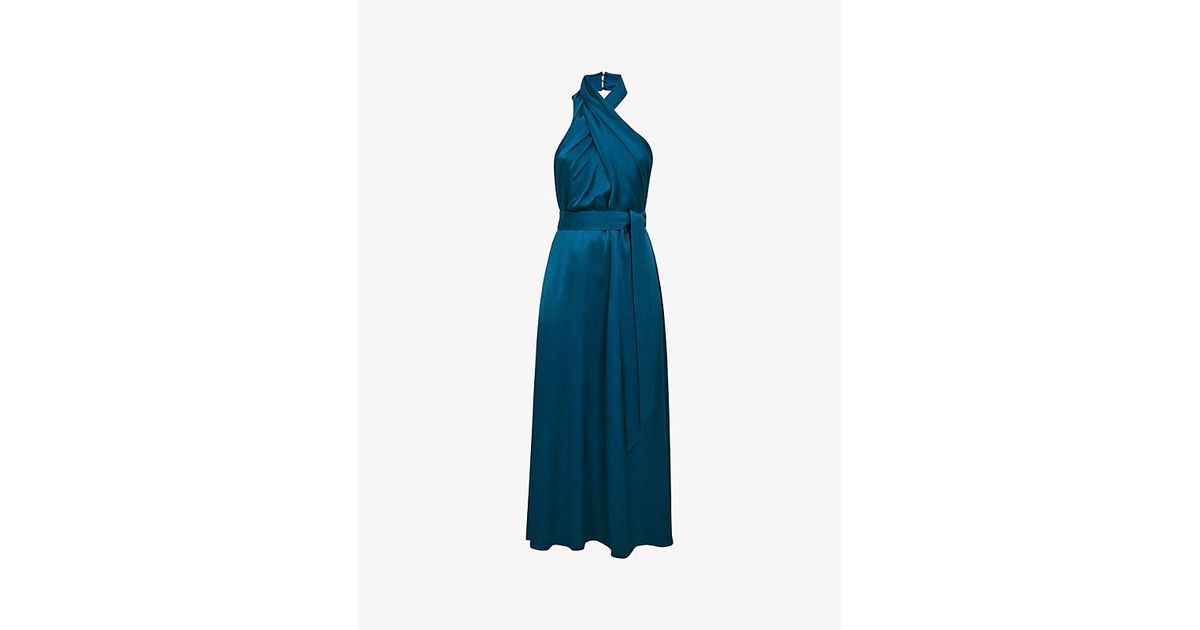 Reiss Vida Halter Neck Satin Midi Dress In Blue Lyst