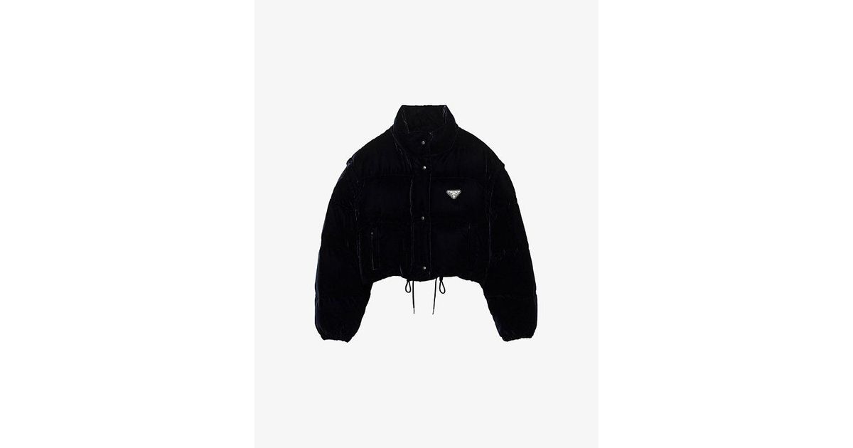 Prada Logo-Embellished Velvet Down Jacket in Black | Lyst UK