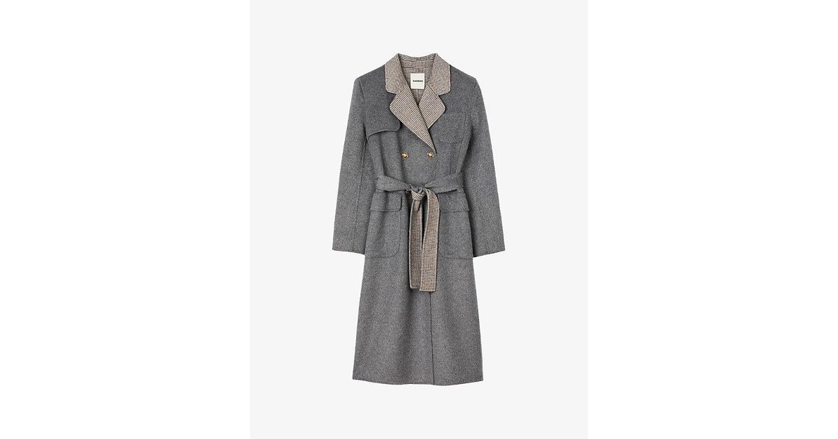 Sandro Double-Breasted Tie-Belt Wool-Blend Coat in Gray | Lyst
