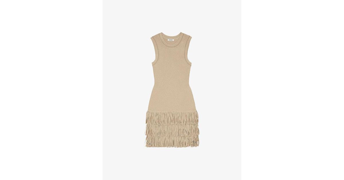 Sandro Shimmer-Knit Fringed-Trim Knitted Mini Dress in Natural | Lyst