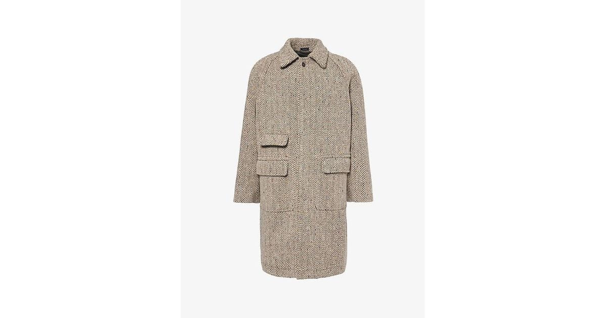 Drake's Herringbone-Print Raglan-Sleeves Relaxed-Fit Wool Coat in ...