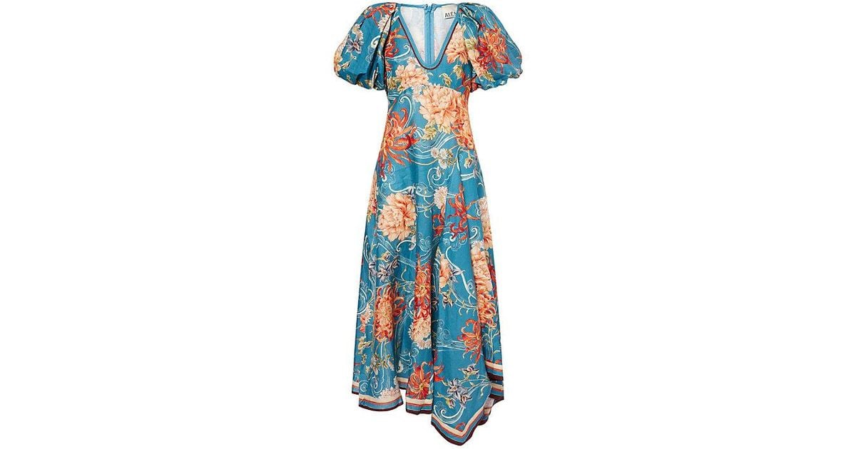 ALÉMAIS Fletcher Puff-Sleeve Ramie Midi Dress in Blue | Lyst