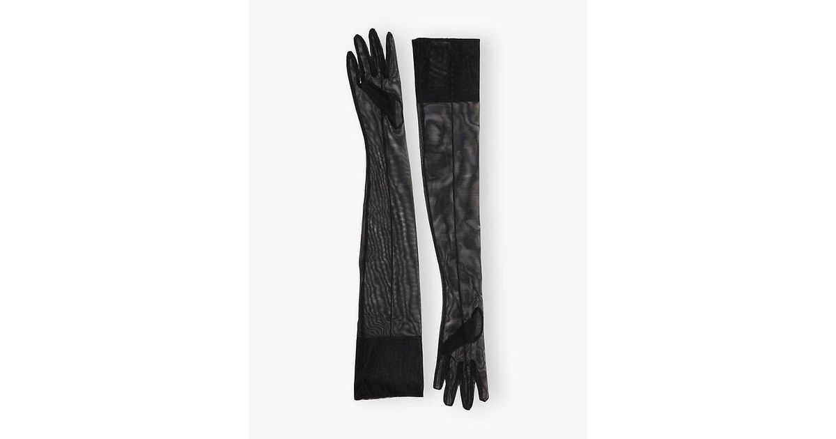 Mugler Sheer Mesh Stretch-Woven Long Gloves in Black | Lyst