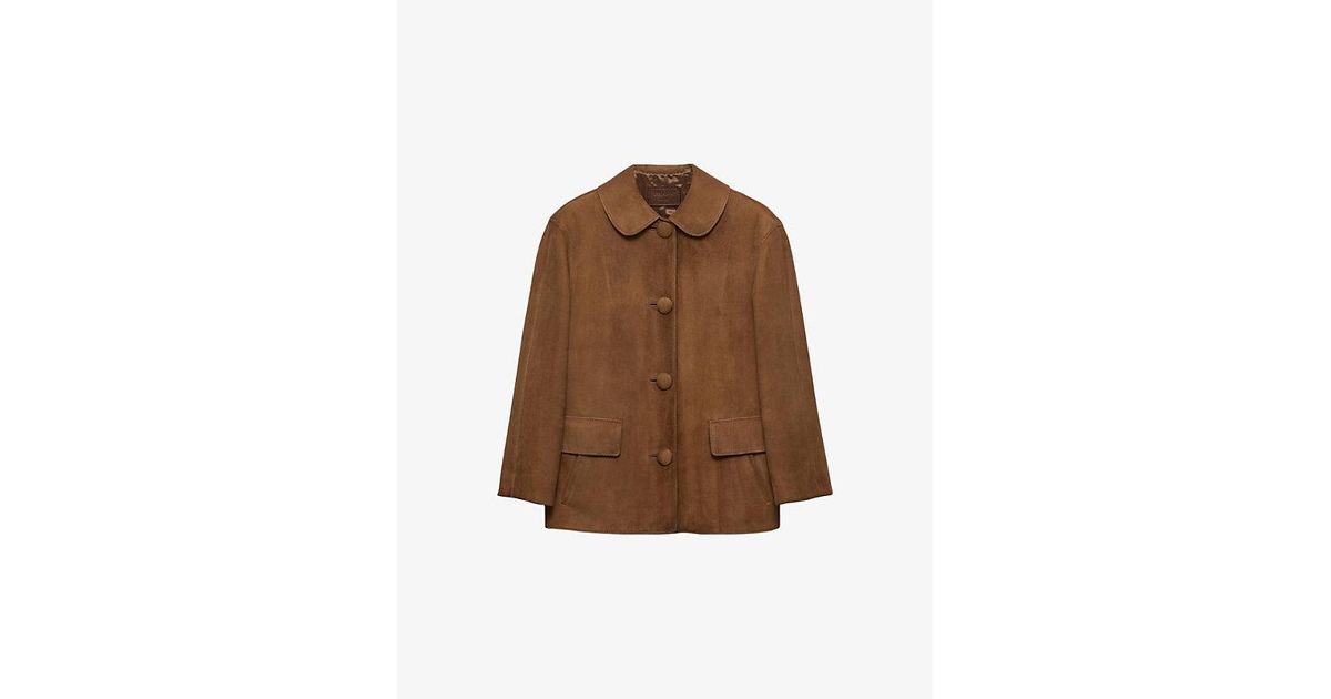 Prada Round-Collar Suede Jacket in Brown | Lyst UK