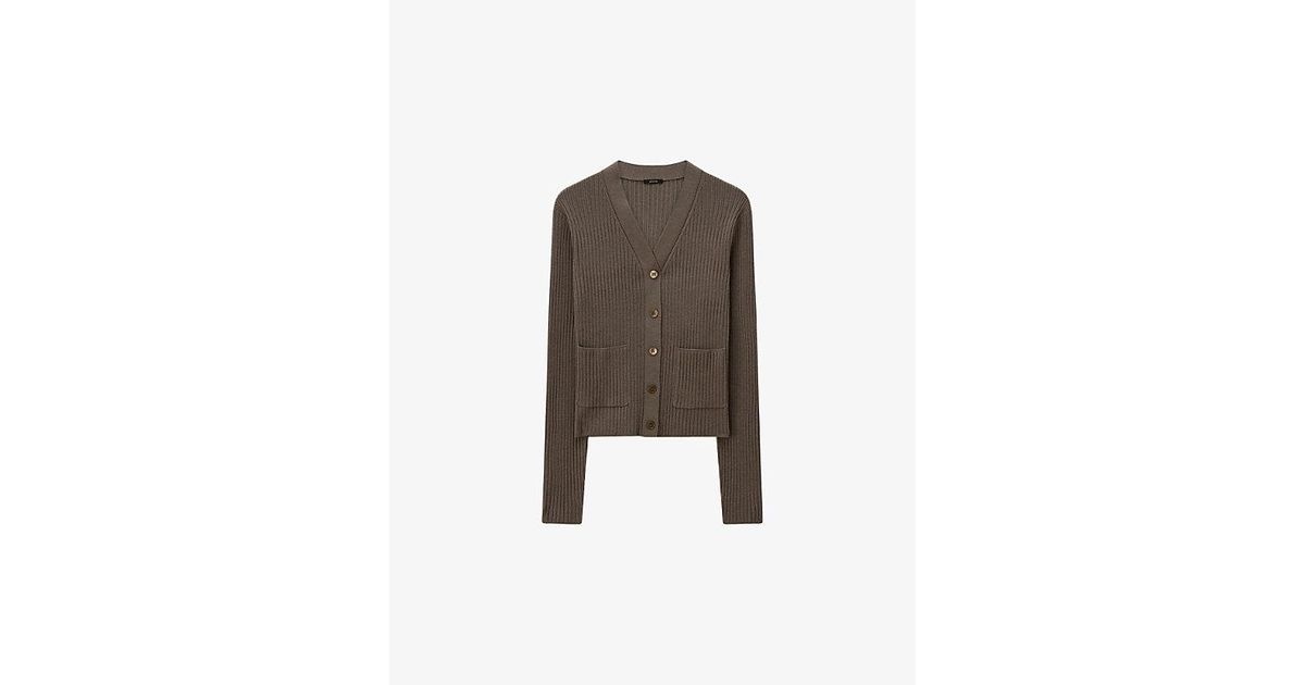 JOSEPH Ribbed Stretch Merino-Wool Cardigan in Brown | Lyst UK