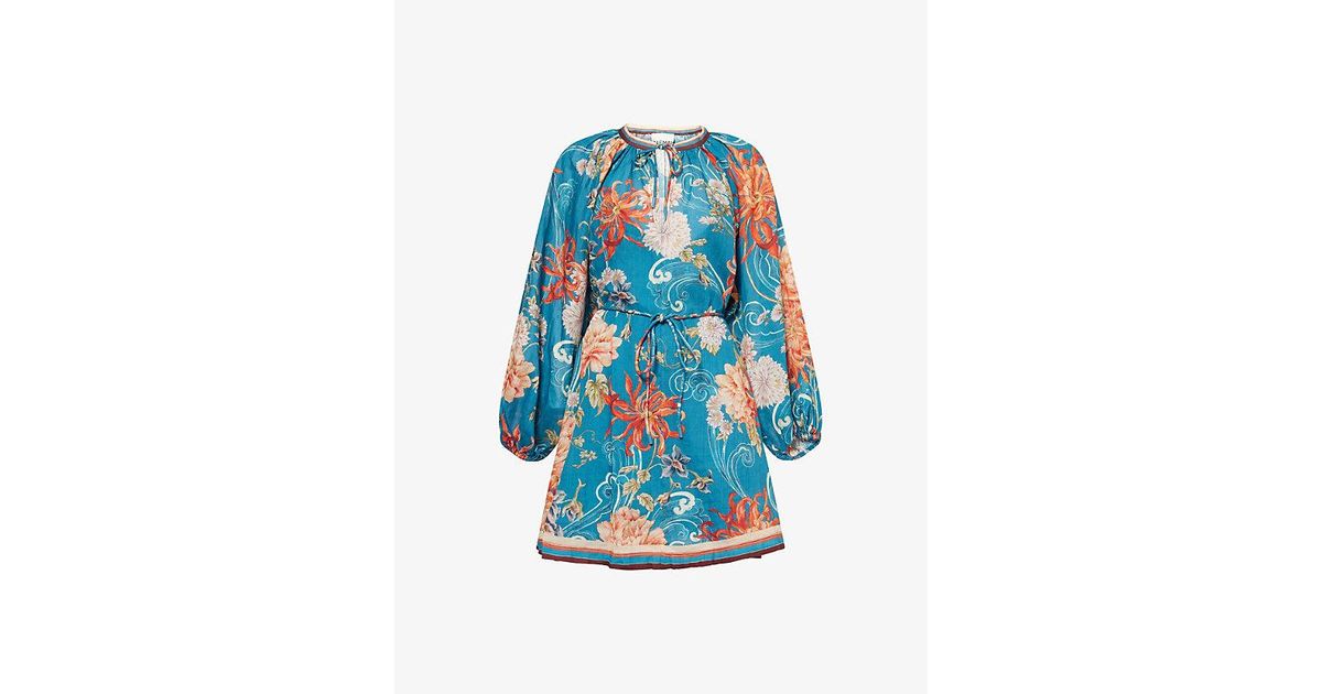 ALÉMAIS Fletcher Puff-Sleeve Ramie Mini Dress in Blue | Lyst